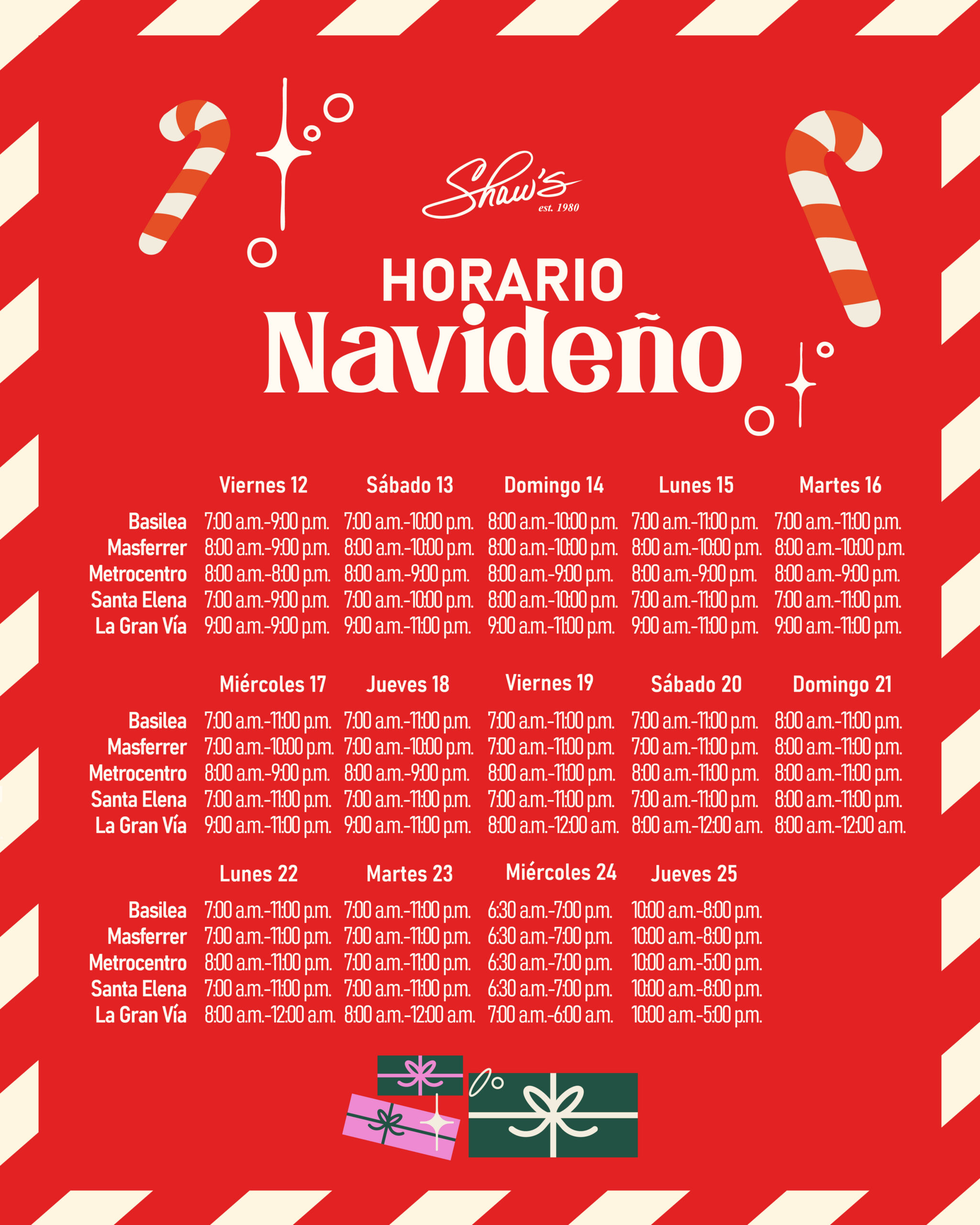 Horarios Especiales de Navidad - Shaw's - Pagina Web de Shaw´s Jue, 11 ...